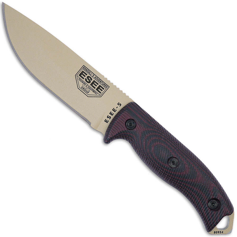 ESEE 5 5PDT-004 Fixed Blade Knife - Desert Tan Drop Point - Red/Black ...