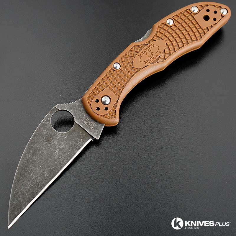 MODIFIED Spyderco Delica 4 - Wharncliffe - Acid Wash - Brown Handle